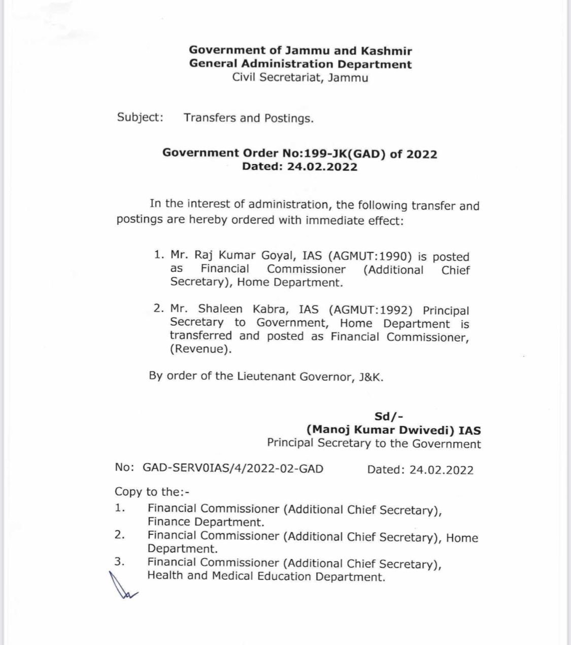 Raj Kumar Goyal (AGMUT: 1990) is the new Home Secretary of Jammu ...