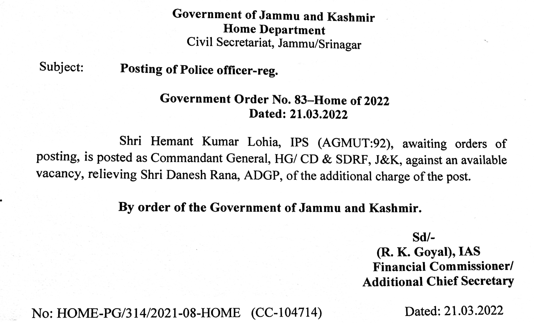 Jammu and Kashmir Government on Monday appointed senior IPS officer ...