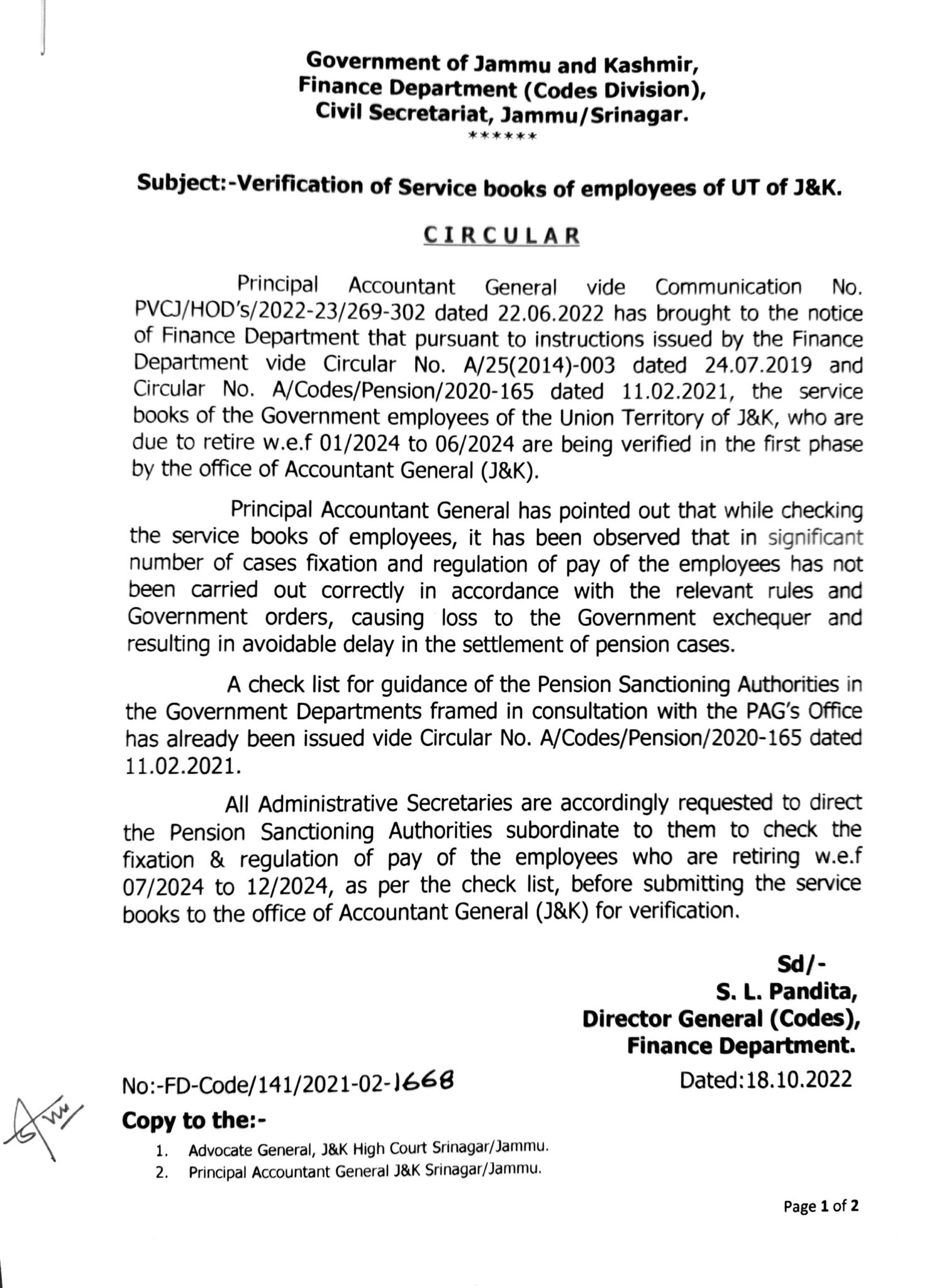 CIRCULAR | Verification of Service books of employees of UT of Jammu ...