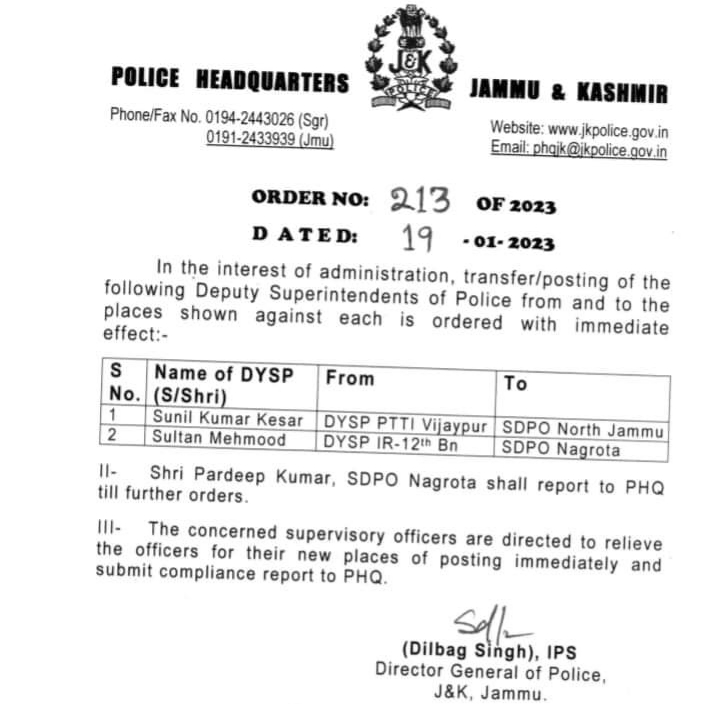 Jammu and Kashmir Police orders transfers and postings of DySP’s – JK Post