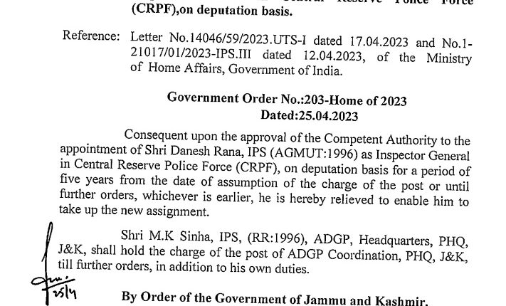 Jammu and Kashmir | Danesh Rana Appointed As IG CRPF – JK Post