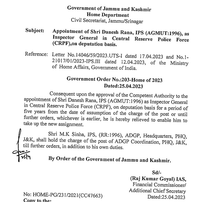 Jammu and Kashmir | Danesh Rana Appointed As IG CRPF – JK Post