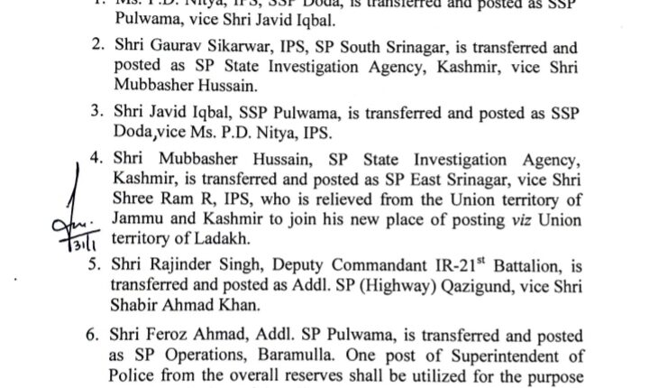 Transfer and Posting in Police department. – JK Post