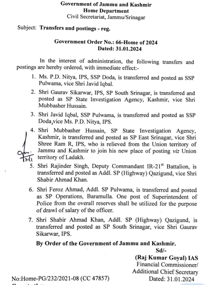 Transfer and Posting in Police department. – JK Post